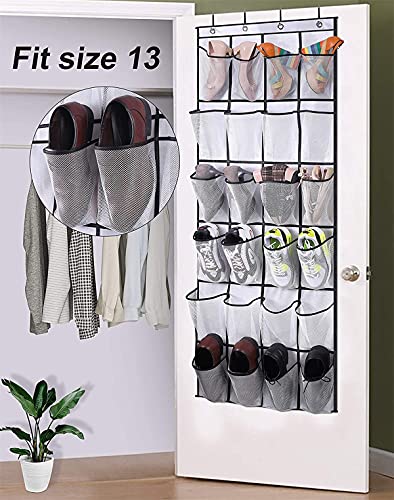 CdyBox 24 Grid Door Rear Finishing Storage Hanging with 4 Silver-plated Metal Hooks Over the Door Shoe Organizer (Black)