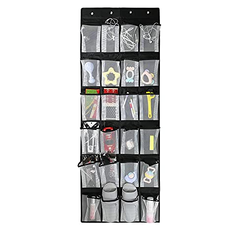 CdyBox 24 Grid Door Rear Finishing Storage Hanging with 4 Silver-plated Metal Hooks Over the Door Shoe Organizer (Black)