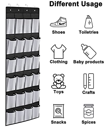 CdyBox 24 Grid Door Rear Finishing Storage Hanging with 4 Silver-plated Metal Hooks Over the Door Shoe Organizer (Black)