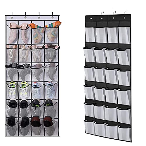 CdyBox 24 Grid Door Rear Finishing Storage Hanging with 4 Silver-plated Metal Hooks Over the Door Shoe Organizer (Black)