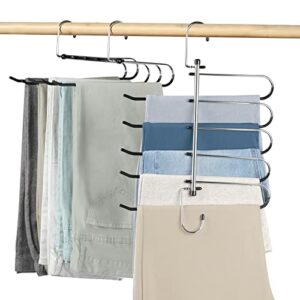 pants clothes hangers space saving, relbro 2 packs multifunctional pants rack hanger black stainless steel pants jeans hangers 5 layered closet organizer for pants scarfs slacks towels ties