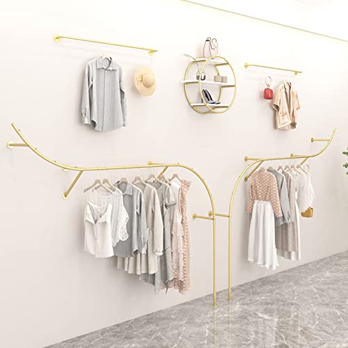 Household items Retail Clothing Display racks for Boutique store Gold Closet Rod clothes racks, modern industrial pipe wall-mounted Garment rack shelves, home cloakroom organizer storage shelf, 250cm