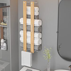 cjaid towel racks for bathroom wall mounted, bamboo towel holders with hooks, large capacity bathroom towel storage, bath towel holder, wall towel storage rack shelf for rolled towels.