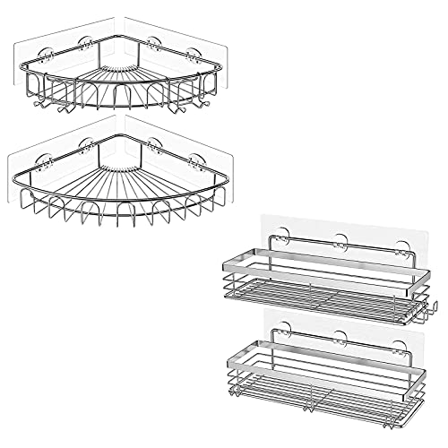 Orimade 2-Pack Rectangle Shower Caddy Bundle with 2-Pack Corner Shower Caddy, No Drilling, Stainless Steel