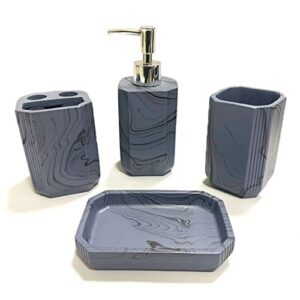 grey blue mixed black marbling bathroom accessories set, 4 pieces set modern marbling complete bathroom set,soap dish lotion dispenser tumbler toothbrush holder zdmn1