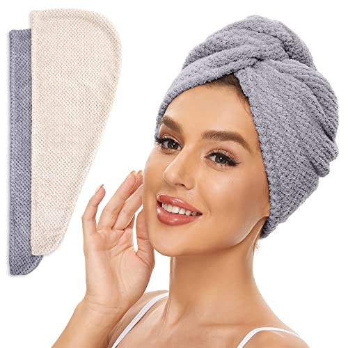 Microfiber Hair Towel for All Hair Style, 2 Pack Quick Drying Hair Turban - Perfect for Women, Men and Kids (Beige + Grey)