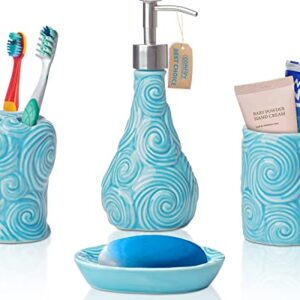 Designer - 4 Piece Bathroom Accessories Set - with Soap or Lotion Dispenser, Toothbrush Holder, Tumbler and Soap Dish - Glossy Finish - Porcelain (Ocean Waves, Aqua Blue) Holds 15.6oz