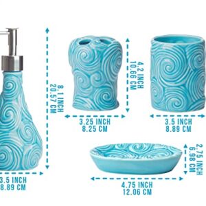 Designer - 4 Piece Bathroom Accessories Set - with Soap or Lotion Dispenser, Toothbrush Holder, Tumbler and Soap Dish - Glossy Finish - Porcelain (Ocean Waves, Aqua Blue) Holds 15.6oz