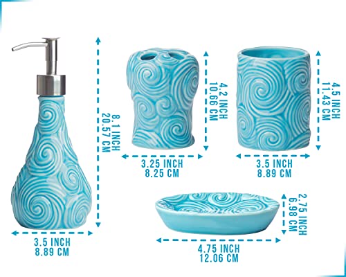 Designer - 4 Piece Bathroom Accessories Set - with Soap or Lotion Dispenser, Toothbrush Holder, Tumbler and Soap Dish - Glossy Finish - Porcelain (Ocean Waves, Aqua Blue) Holds 15.6oz