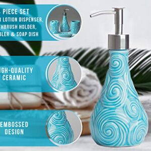 Designer - 4 Piece Bathroom Accessories Set - with Soap or Lotion Dispenser, Toothbrush Holder, Tumbler and Soap Dish - Glossy Finish - Porcelain (Ocean Waves, Aqua Blue) Holds 15.6oz