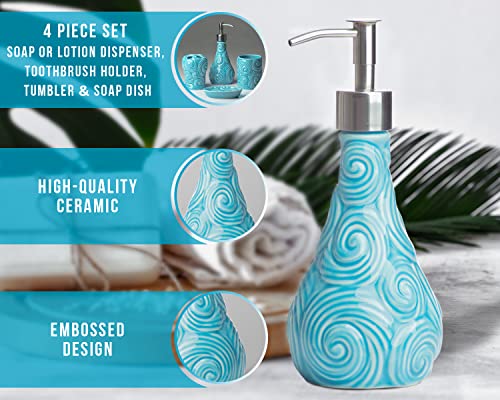 Designer - 4 Piece Bathroom Accessories Set - with Soap or Lotion Dispenser, Toothbrush Holder, Tumbler and Soap Dish - Glossy Finish - Porcelain (Ocean Waves, Aqua Blue) Holds 15.6oz