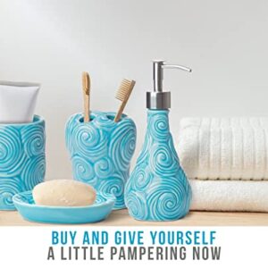 Designer - 4 Piece Bathroom Accessories Set - with Soap or Lotion Dispenser, Toothbrush Holder, Tumbler and Soap Dish - Glossy Finish - Porcelain (Ocean Waves, Aqua Blue) Holds 15.6oz