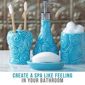 Designer - 4 Piece Bathroom Accessories Set - with Soap or Lotion Dispenser, Toothbrush Holder, Tumbler and Soap Dish - Glossy Finish - Porcelain (Ocean Waves, Aqua Blue) Holds 15.6oz