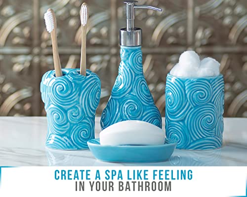 Designer - 4 Piece Bathroom Accessories Set - with Soap or Lotion Dispenser, Toothbrush Holder, Tumbler and Soap Dish - Glossy Finish - Porcelain (Ocean Waves, Aqua Blue) Holds 15.6oz