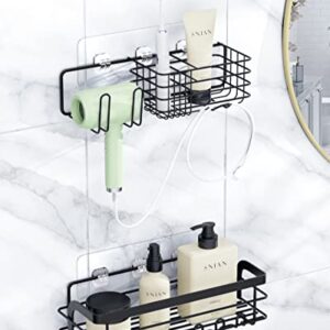 Black Shower Caddy, 4 Packs Self Adhesive Shower Shelves, Bathroom Shower Organizer with 8 hooks, No Drilling Rustproof Stainless Steel Shower Shelf for Inside Shower Wall