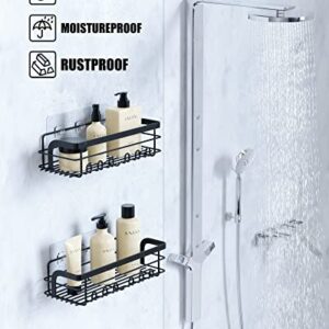 Black Shower Caddy, 4 Packs Self Adhesive Shower Shelves, Bathroom Shower Organizer with 8 hooks, No Drilling Rustproof Stainless Steel Shower Shelf for Inside Shower Wall