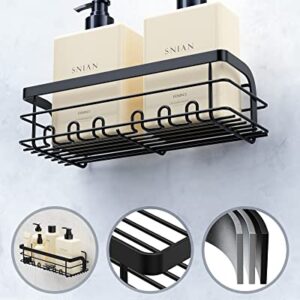 Black Shower Caddy, 4 Packs Self Adhesive Shower Shelves, Bathroom Shower Organizer with 8 hooks, No Drilling Rustproof Stainless Steel Shower Shelf for Inside Shower Wall