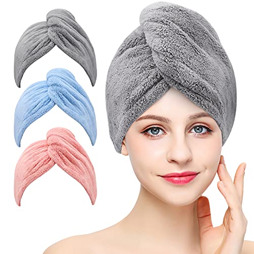 BEoffer 3 Pack Microfiber Hair Towel Wrap Super Absorbent Twist Turban for Women Fast Drying Hair Caps with Buttons for Drying Curly, Long & Thick Hair Anti Frizz(Gray+Pink+Blue)