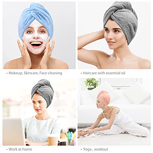 BEoffer 3 Pack Microfiber Hair Towel Wrap Super Absorbent Twist Turban for Women Fast Drying Hair Caps with Buttons for Drying Curly, Long & Thick Hair Anti Frizz(Gray+Pink+Blue)