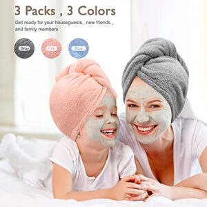 BEoffer 3 Pack Microfiber Hair Towel Wrap Super Absorbent Twist Turban for Women Fast Drying Hair Caps with Buttons for Drying Curly, Long & Thick Hair Anti Frizz(Gray+Pink+Blue)