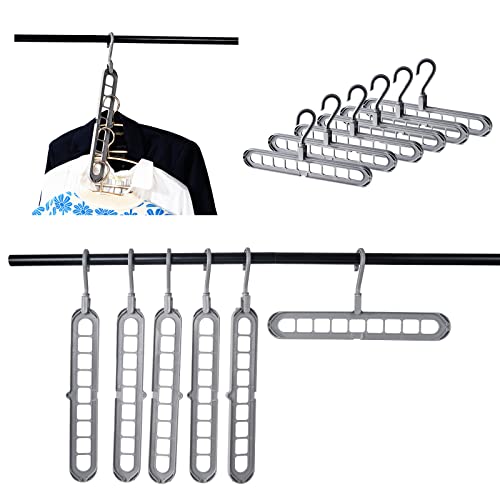 Closet Organizers and Storage Space Saving Hangers with 9 Holes of 6 Pack for Closet Organizer,Dorm Room Essentials,Closet Storage,Smart Closet Organization,Magic Space Saving Hanger (Gray)