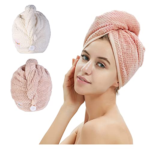 M-bestl 2 Pack Hair Towel Wrap,Hair Drying Towel with Button, Microfiber Hair Towel, Dry Hair Hat, Bath Hair Cap (Pink&Beige)