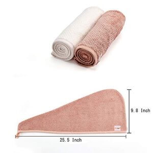 M-bestl 2 Pack Hair Towel Wrap,Hair Drying Towel with Button, Microfiber Hair Towel, Dry Hair Hat, Bath Hair Cap (Pink&Beige)