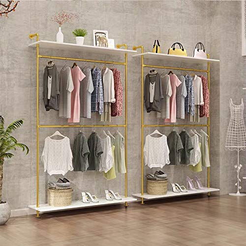 MDEPYCO Modern Simple Industrial Metal Pipe Double Hanging Rods Clothing Rack,Retail Wall Mounted Display Storage Clothes Bag Hanging Shelf,2 Tier Wood Garment Rack (One Shelves,Gold, 59" L)