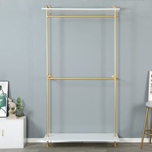 MDEPYCO Modern Simple Industrial Metal Pipe Double Hanging Rods Clothing Rack,Retail Wall Mounted Display Storage Clothes Bag Hanging Shelf,2 Tier Wood Garment Rack (One Shelves,Gold, 59" L)