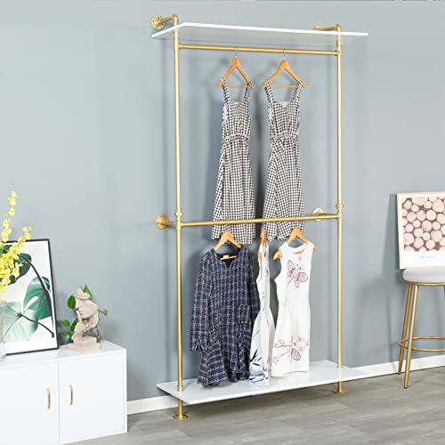 MDEPYCO Modern Simple Industrial Metal Pipe Double Hanging Rods Clothing Rack,Retail Wall Mounted Display Storage Clothes Bag Hanging Shelf,2 Tier Wood Garment Rack (One Shelves,Gold, 59" L)