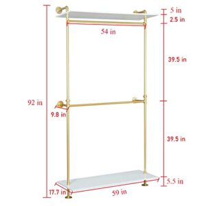 MDEPYCO Modern Simple Industrial Metal Pipe Double Hanging Rods Clothing Rack,Retail Wall Mounted Display Storage Clothes Bag Hanging Shelf,2 Tier Wood Garment Rack (One Shelves,Gold, 59" L)