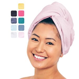 AQUIS Hair Wrap, Water-Wicking Microfiber Towel, Dries Hair 50% Faster, Button-Loop Closure, Hands Free Drying, Soft Pink