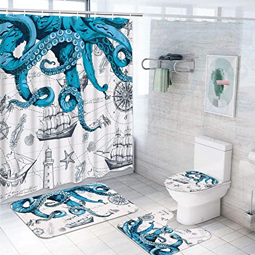 4 Pcs Octopus Shower Curtain Set, Nautical Bathroom Sets with Shower Curtain and Rugs, Blue Beach Ocean Kraken Pirate Shower Curtain Set with Non-Slip Rug, Toilet Lid Cover, Bath Mat and Hooks