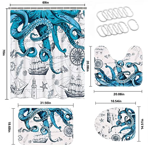 4 Pcs Octopus Shower Curtain Set, Nautical Bathroom Sets with Shower Curtain and Rugs, Blue Beach Ocean Kraken Pirate Shower Curtain Set with Non-Slip Rug, Toilet Lid Cover, Bath Mat and Hooks