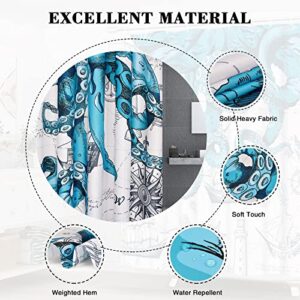 4 Pcs Octopus Shower Curtain Set, Nautical Bathroom Sets with Shower Curtain and Rugs, Blue Beach Ocean Kraken Pirate Shower Curtain Set with Non-Slip Rug, Toilet Lid Cover, Bath Mat and Hooks