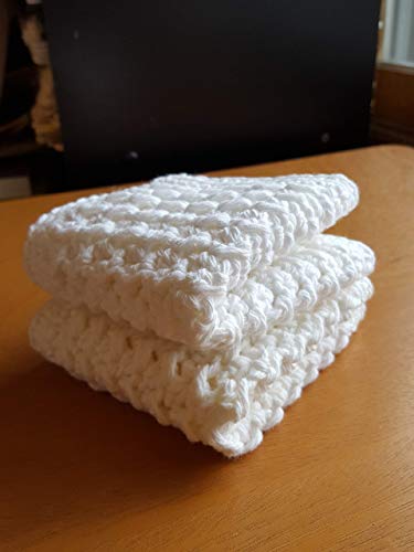 Handmade crochet washcloth, dishcloth * thick and dense *100% cotton set of 2, size 7.5 inches (White)