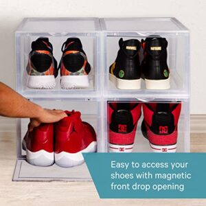 Dionyssa Shoe Storage Large Box -Set of 2 Drop Clear Front Door Shoe Organizer Stackable Display Case- Magnetic Front lids Plastic Container, easy to Assemble-Perfect for Sneakers up to men's size 13 and high-heels. Great closet shoe organizer.