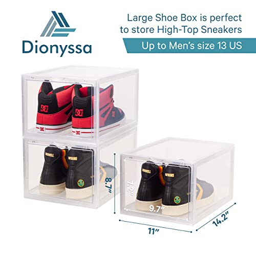 Dionyssa Shoe Storage Large Box -Set of 2 Drop Clear Front Door Shoe Organizer Stackable Display Case- Magnetic Front lids Plastic Container, easy to Assemble-Perfect for Sneakers up to men's size 13 and high-heels. Great closet shoe organizer.