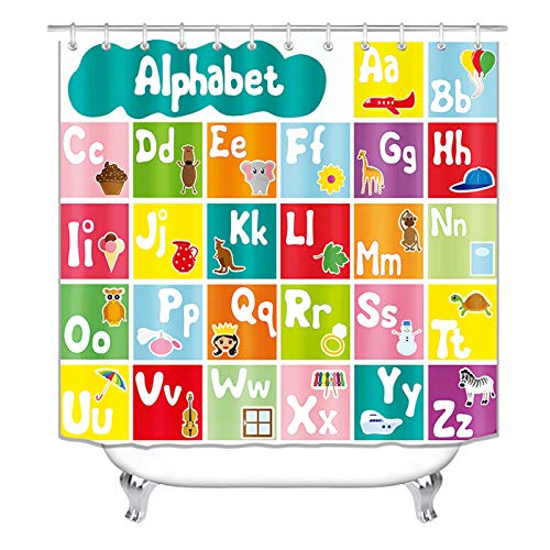 Apqdw Alphabet Shower Curtain Set for Bathroom, Alphabet Bathroom Sets with Shower Curtain and Rugs, Kids ABC Educational Learning Shower Curtain 72x72 Inches (Alphabet)