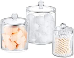 marathon studios qtip holder dispenser acrylic clear 3 pack for cotton swabs/cotton balls/cotton rounds, bathroom accessories apothecary jars vanity organizer, bathroom canisters - 30 oz/20 oz/10 oz