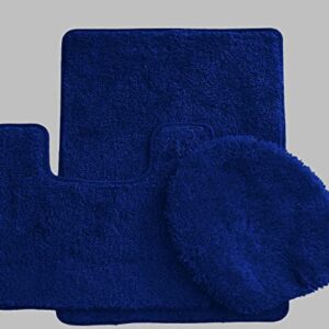 3 Piece Luxury Acrylic Bath Rugs Set Large 18"x"30 Contour Mat 18"x18" and Lid. (Navy Blue)