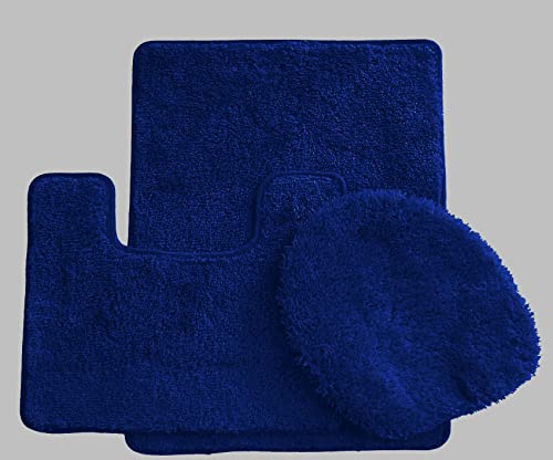 3 Piece Luxury Acrylic Bath Rugs Set Large 18"x"30 Contour Mat 18"x18" and Lid. (Navy Blue)