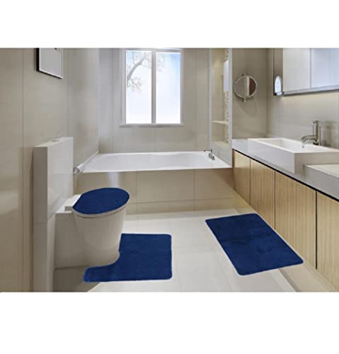 3 Piece Luxury Acrylic Bath Rugs Set Large 18"x"30 Contour Mat 18"x18" and Lid. (Navy Blue)