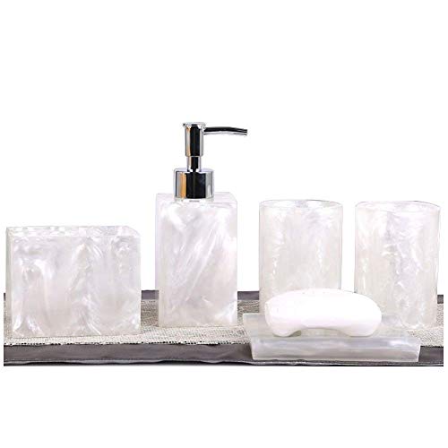 Resin Soap Dish, Soap Dispenser, Toothbrush Holder & Tumbler Bathroom Accessory 5 Piece Set (White)