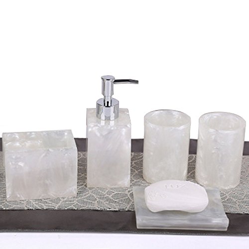 Resin Soap Dish, Soap Dispenser, Toothbrush Holder & Tumbler Bathroom Accessory 5 Piece Set (White)