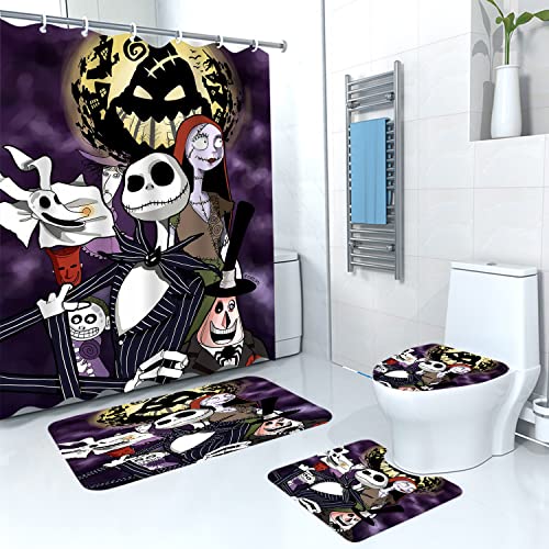 DDS-DUDES 4Pcs Nightmare Before Christmas Zombie Bride Jack Shower Curtain Sets Kids Bathroom Halloween Christmas Decor with 12 Curtain Hooks for Bathroom, Waterproof 71 x 71 inch (D00041)