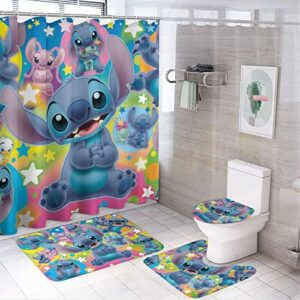 fmsnupz cartoon shower curtain 4pcs set, cute bathroom decor with non-slip rugs, toilet lid cover and bath mat, waterproof fabric shower curtains with 12 hooks, 70.8"x70.8"