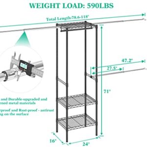 Raybee Closet Organizers and Storage System, 590Lbs Capacity Closet Systems for Walk in Closets with 3 Expandable Hanger Rods, Wall Mounted, 24"-118"L x 16"W x 71"H, Black