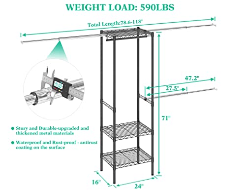 Raybee Closet Organizers and Storage System, 590Lbs Capacity Closet Systems for Walk in Closets with 3 Expandable Hanger Rods, Wall Mounted, 24"-118"L x 16"W x 71"H, Black