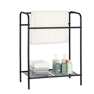 freestanding towel racks, 3 tier metal towel rack stand with storage shelf, stainless steel blanket ladder holder rack for living room, bathroom, laundry room, black